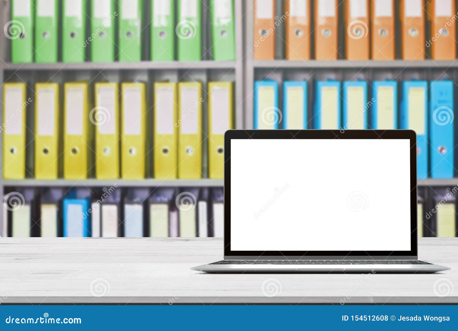 Wood Table Top with Notebook on Blurred Office Document Folders ...