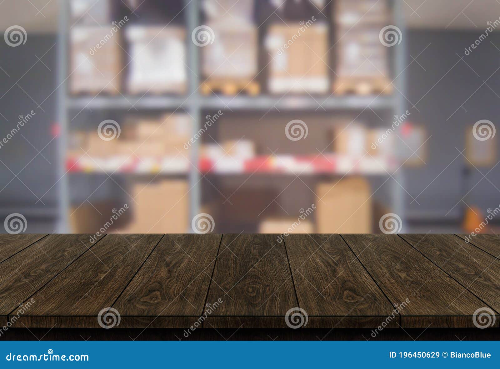 Wood Table in Warehouse Storage Blur Background. Stock Image - Image of ...