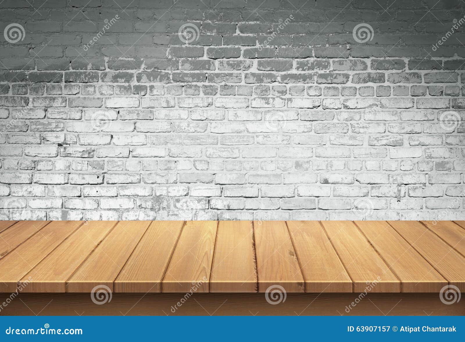 Wood Table with White Brick Wall Background Stock Image - Image of ...