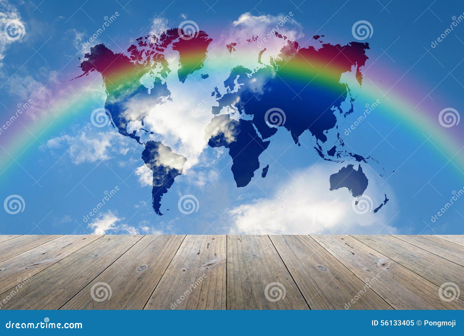 Wood Terrace and Blue Sky with World Map and Rainbow Stock Image ...