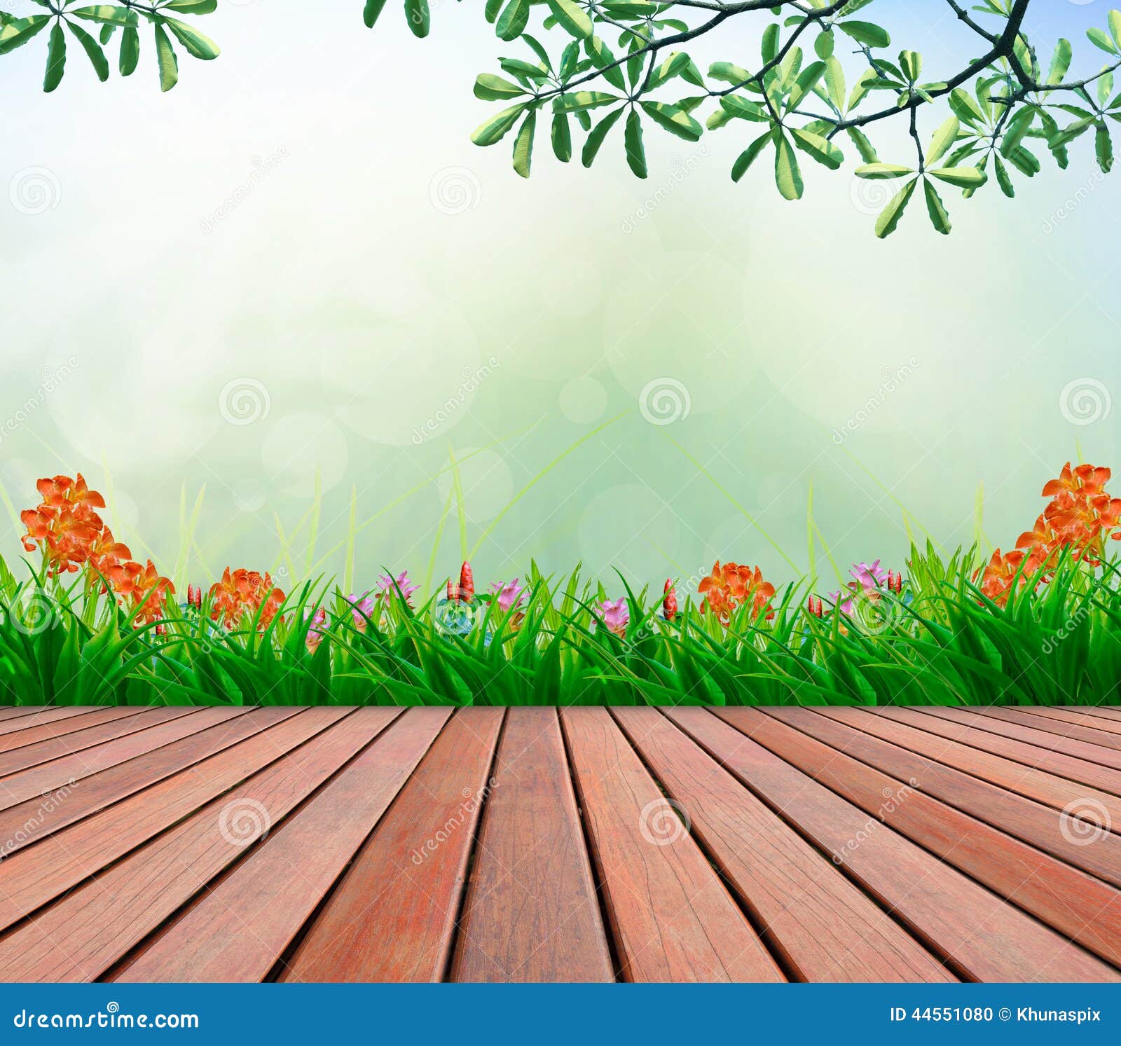 Wood Terrace and Flowers Garden with Blurry Copy Space for Multi Stock ...