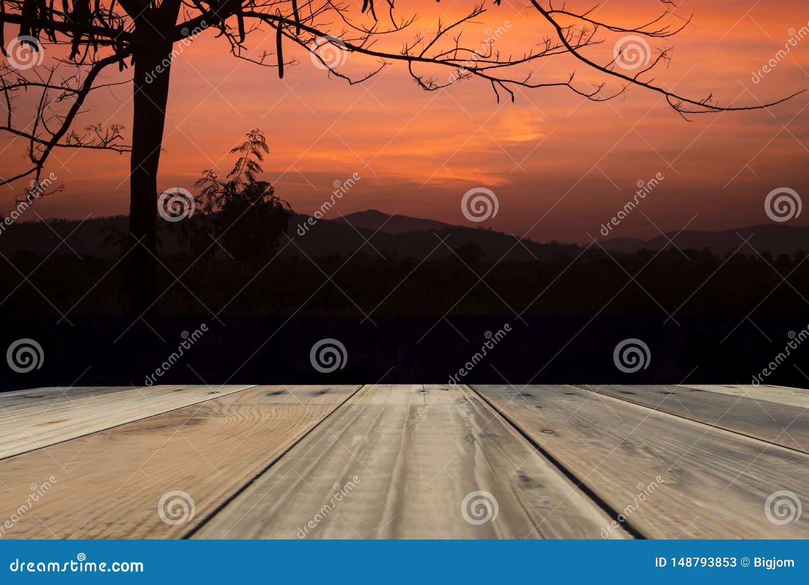 Wood Terrace with Sunrise and Sunset Sky Background Stock Image - Image ...