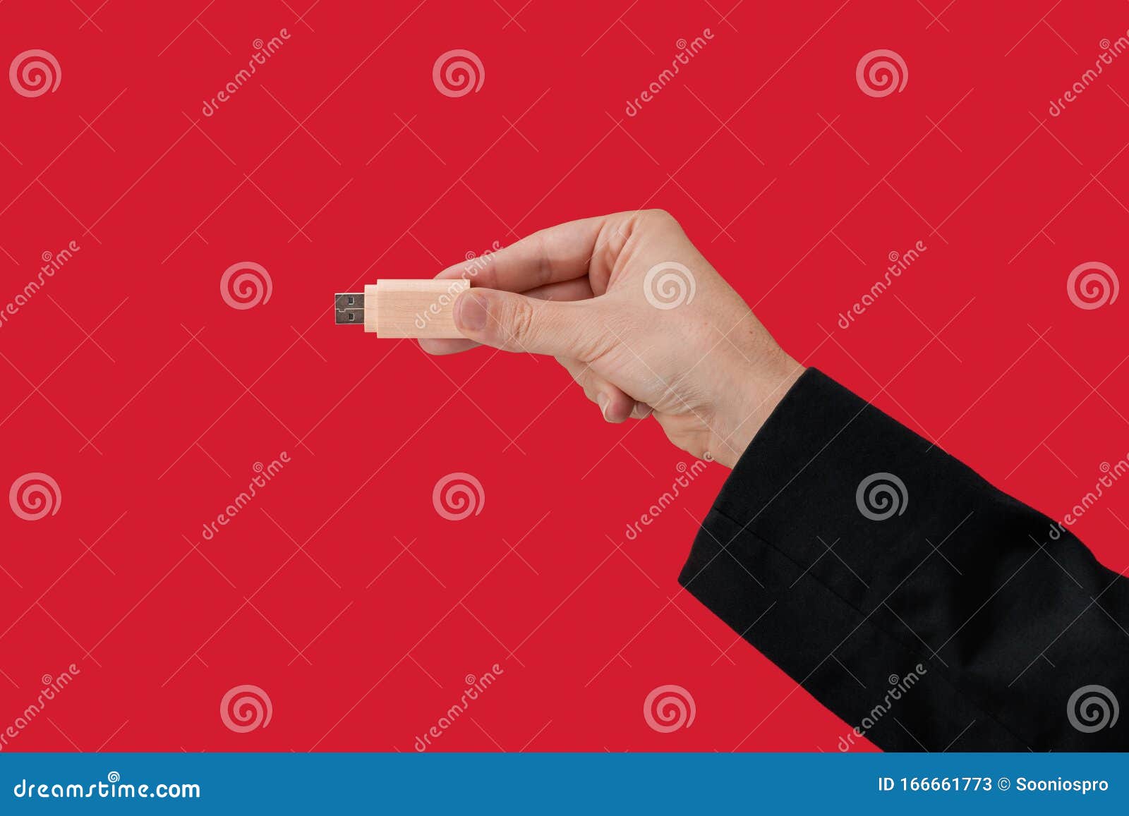 Wood USB Flash Memory on Hand with Isolated Red Background Stock Image ...