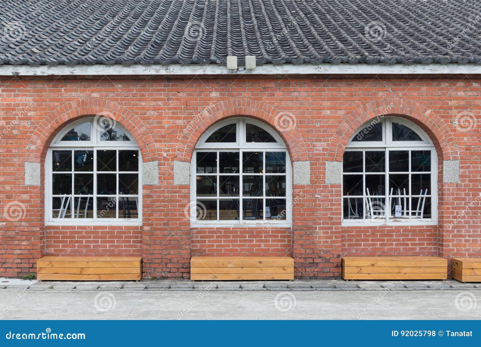 Wood Windows with Red Bricks Wall Arched Windows Stock Photo - Image of ...
