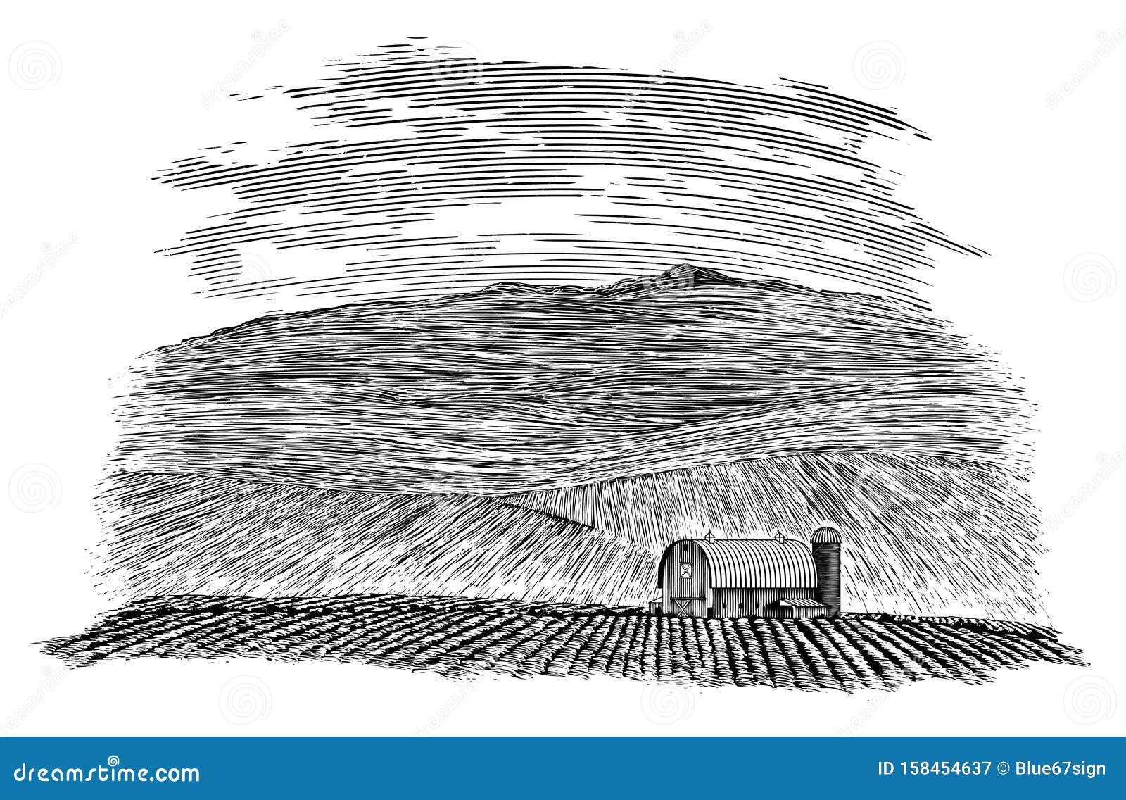 Woodcut Farm Barn And Field Cartoon Vector | CartoonDealer.com #32661221