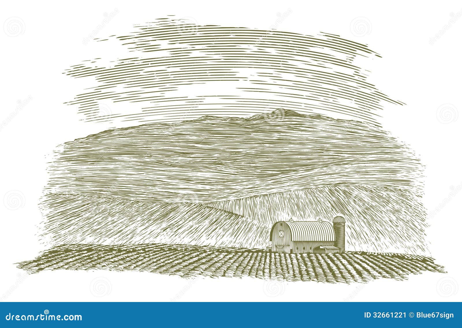 Woodcut Farm Barn and Field Stock Vector - Illustration of landscape ...