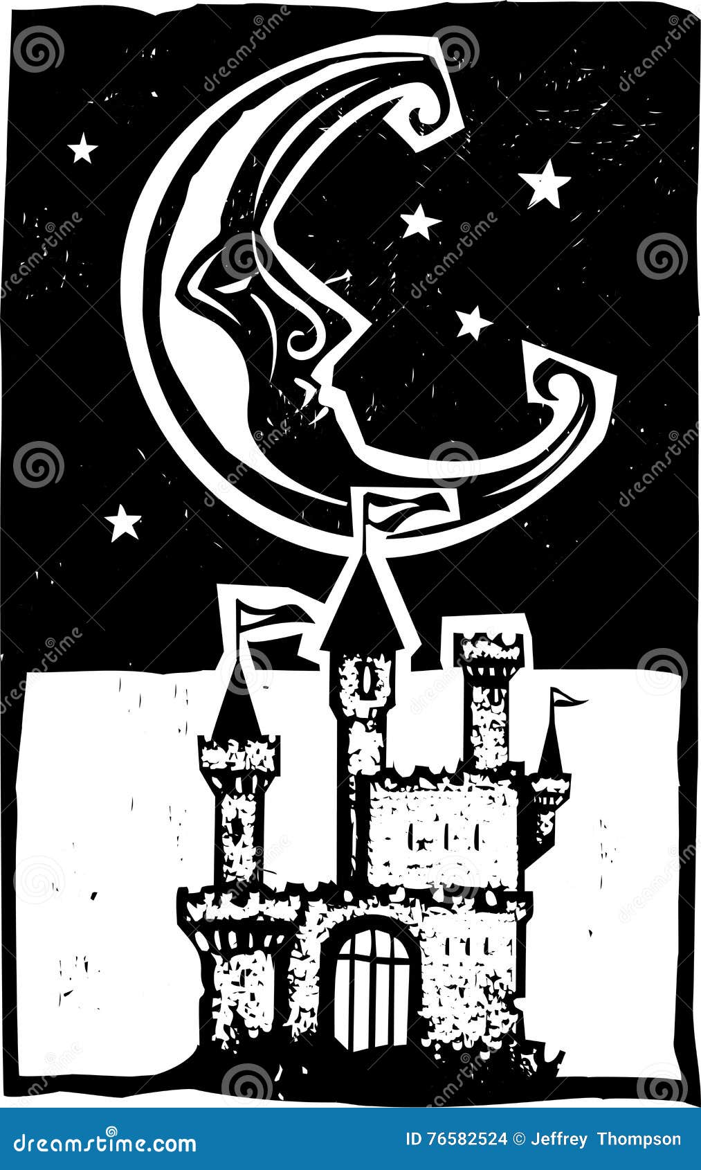 Woodcut Style Moon and Castle Stock Vector - Illustration of mythology ...