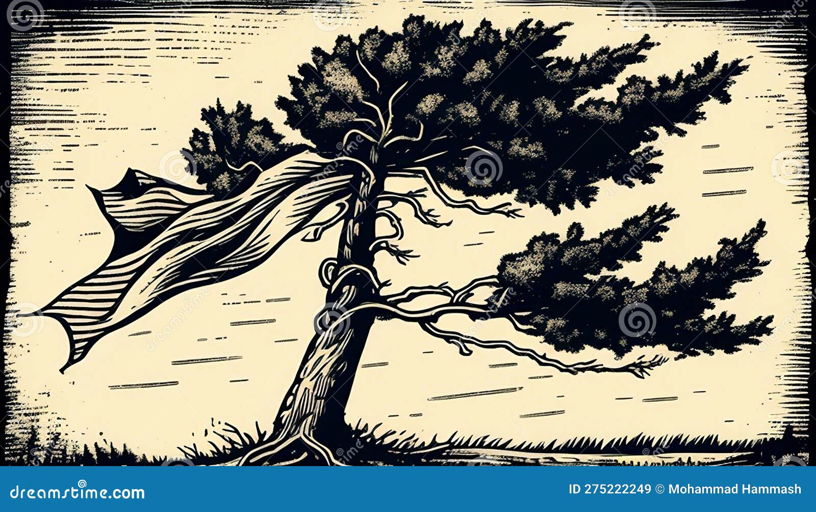 "Woodcut Tree with Flag: a Vector Illustration" Made with Generative AI ...