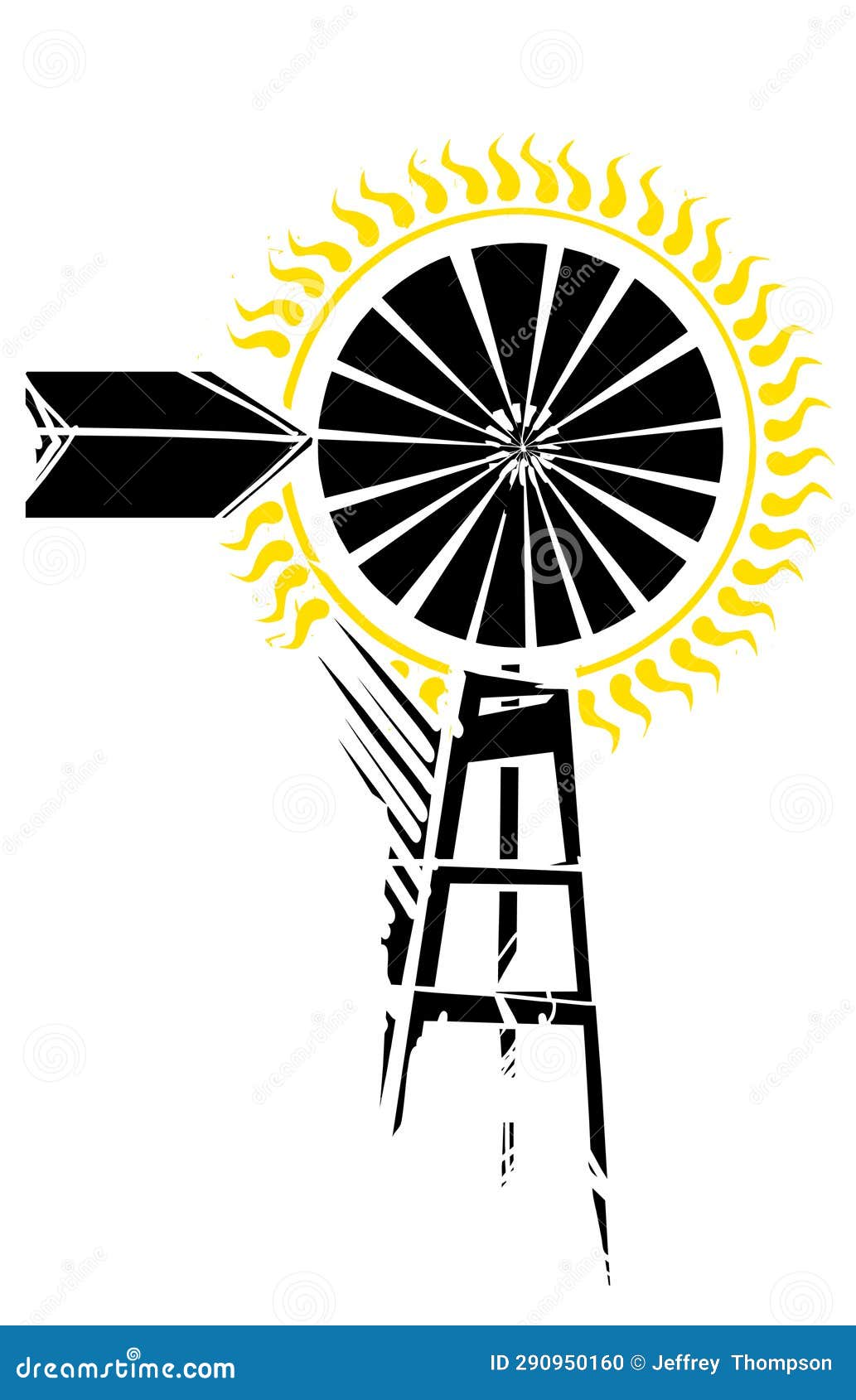 Woodcut Windmill with sun stock vector. Illustration of windmill ...