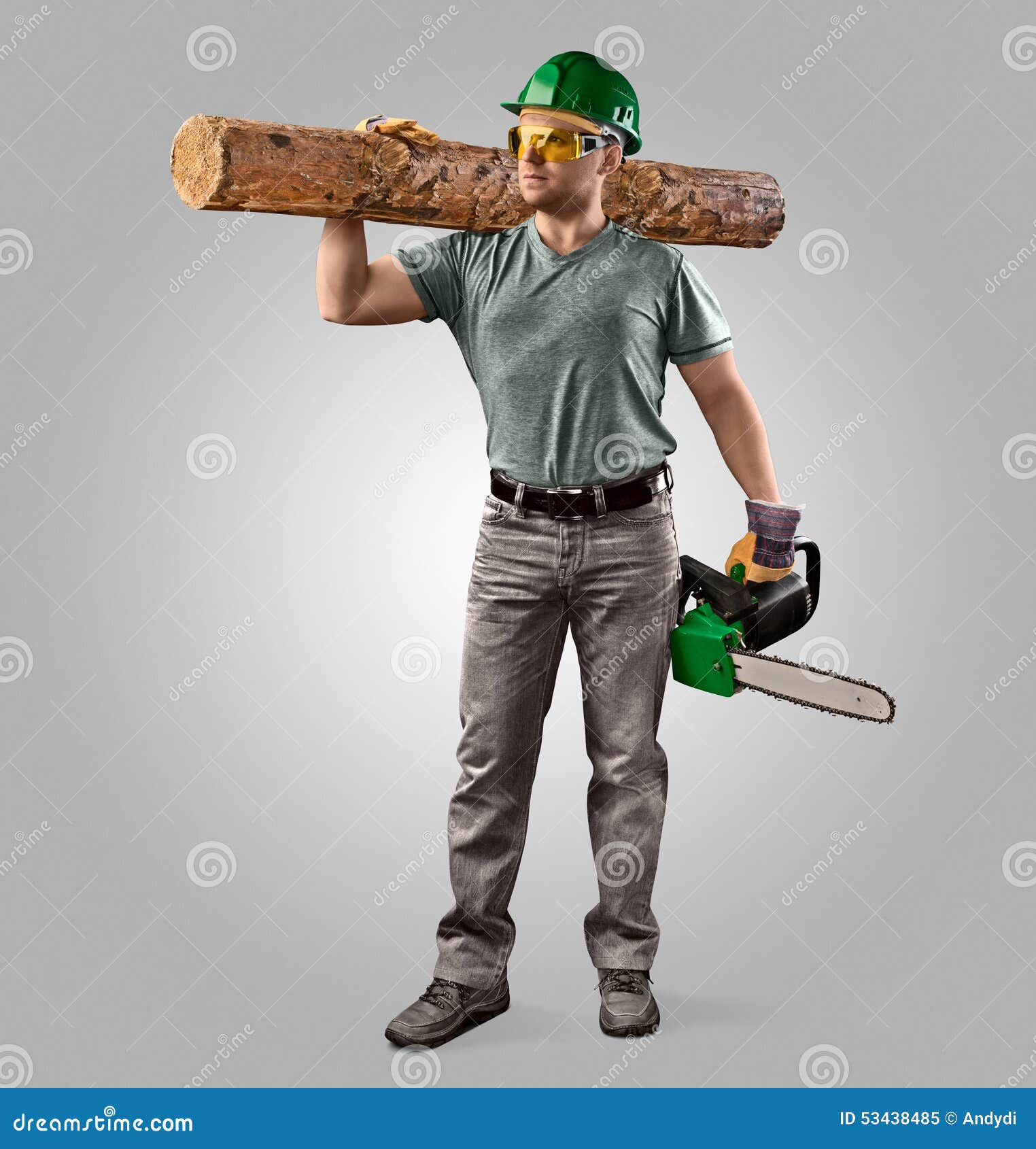 Woodcutter in Helmet with Chain Saw and Log Stock Image - Image of ...