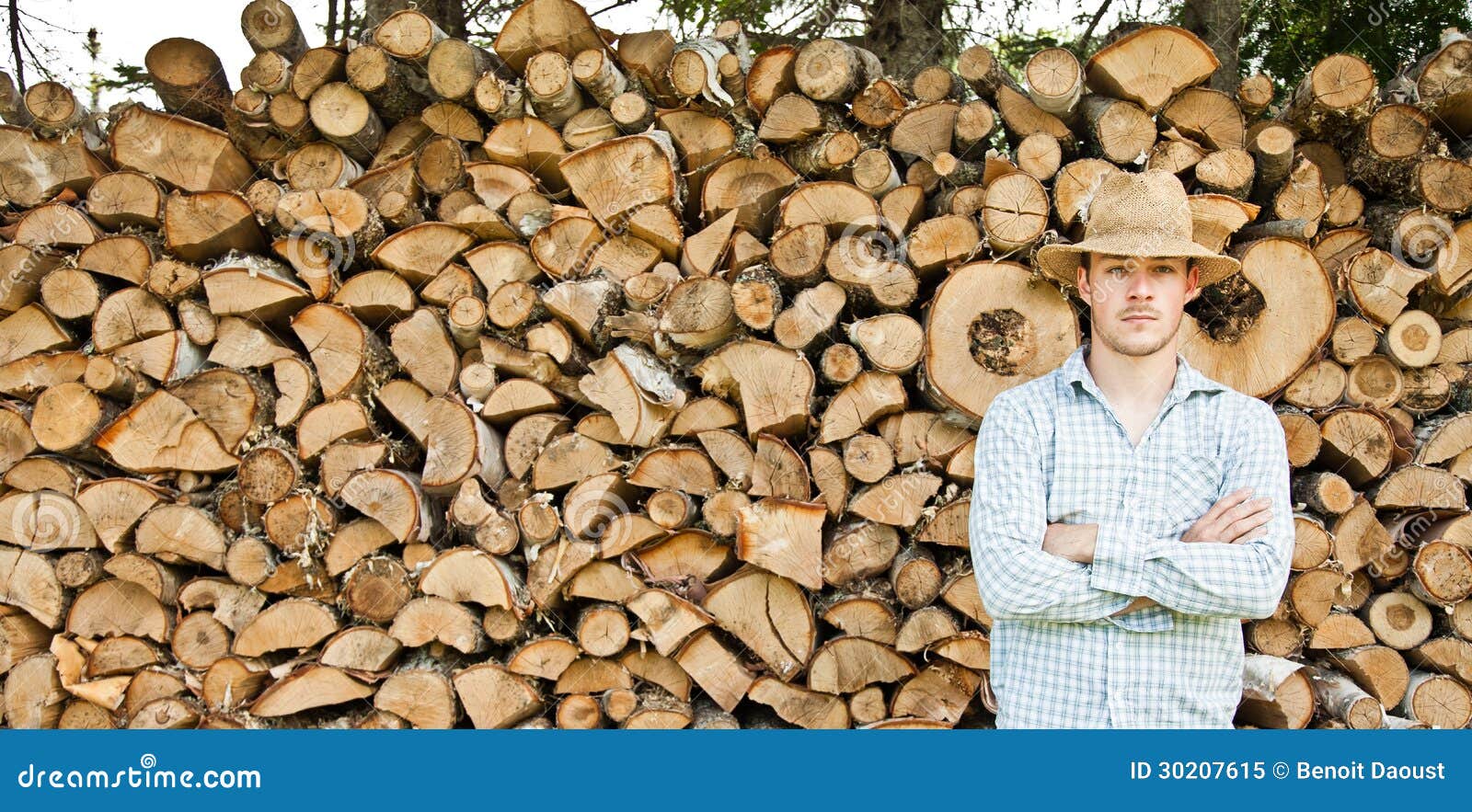 Woodcutter with Straw Hat on a Background of Wood Stock Image - Image ...