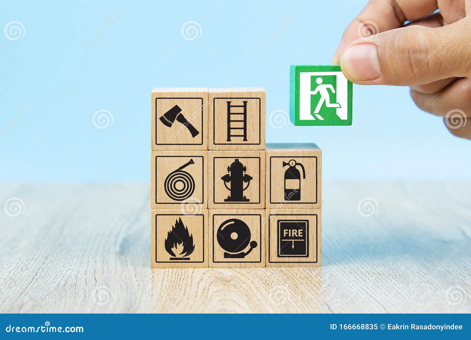 Wooded Blocks Stacking with Fire Escape Icons. Stock Image - Image of ...