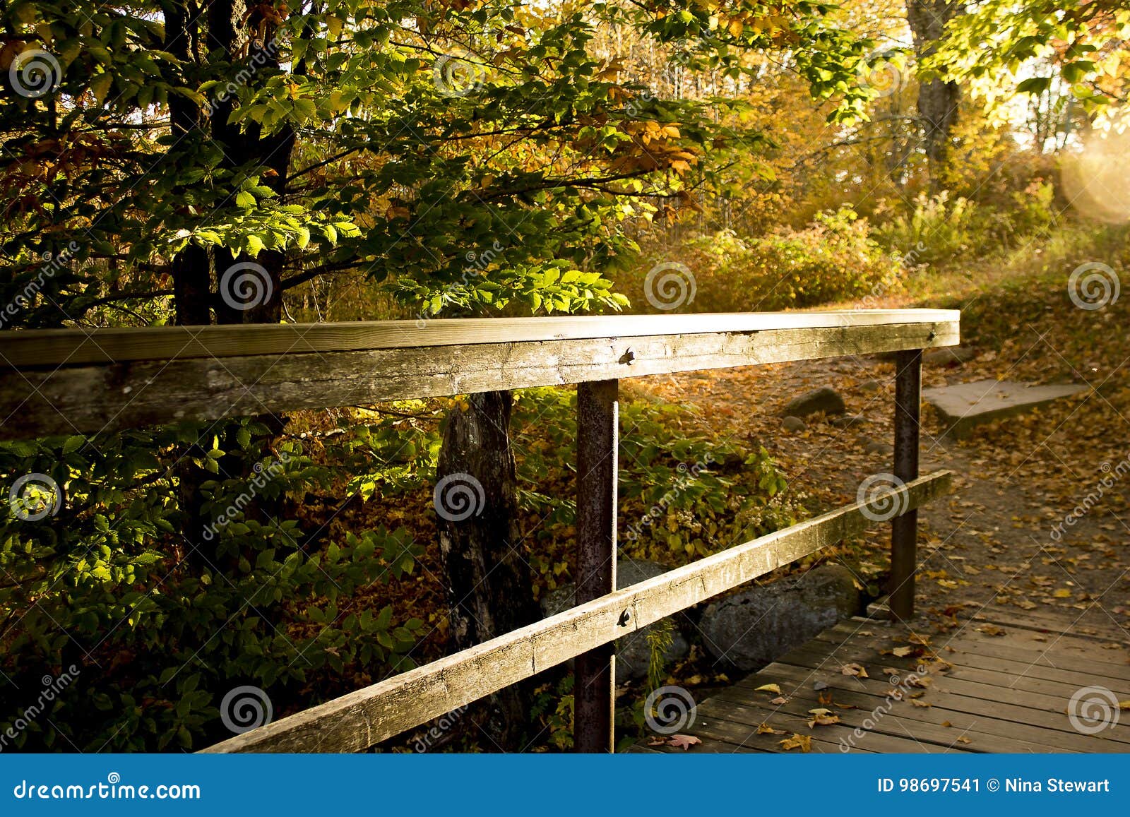 Wooded Railing on Path in the Sunlight Stock Image - Image of gate ...