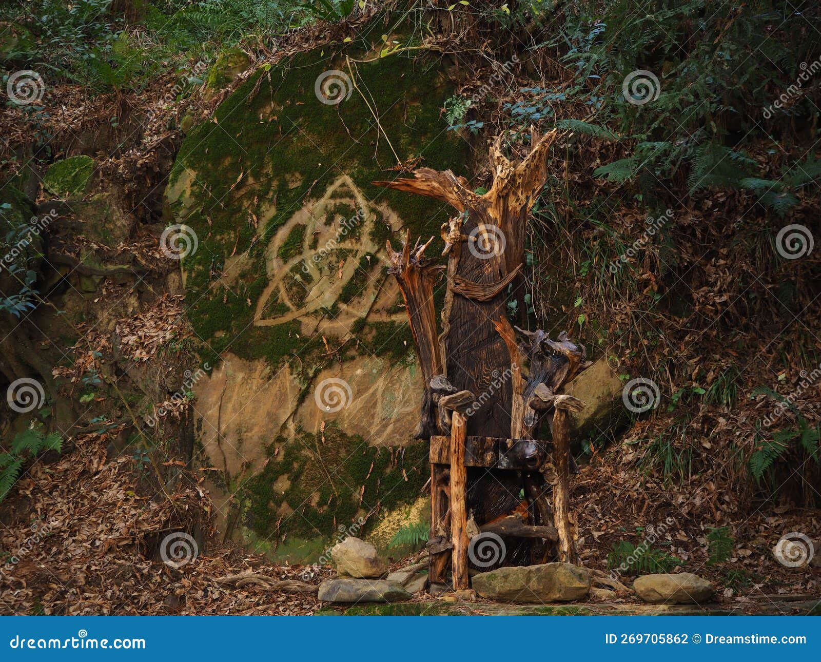 Wooden Ancient Chair in the Forest. Druid Magic Stock Photo - Image of ...