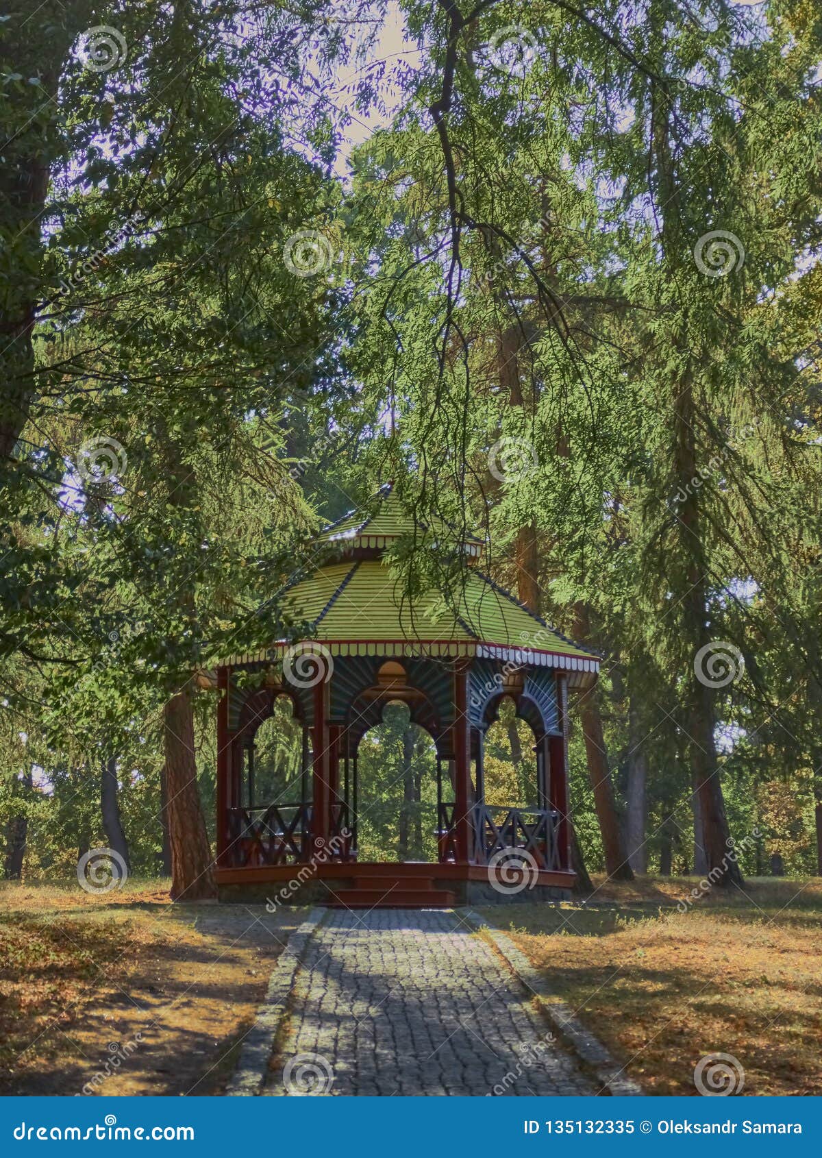 Wooden Arbor with Benches in the Park Stock Image - Image of bush ...