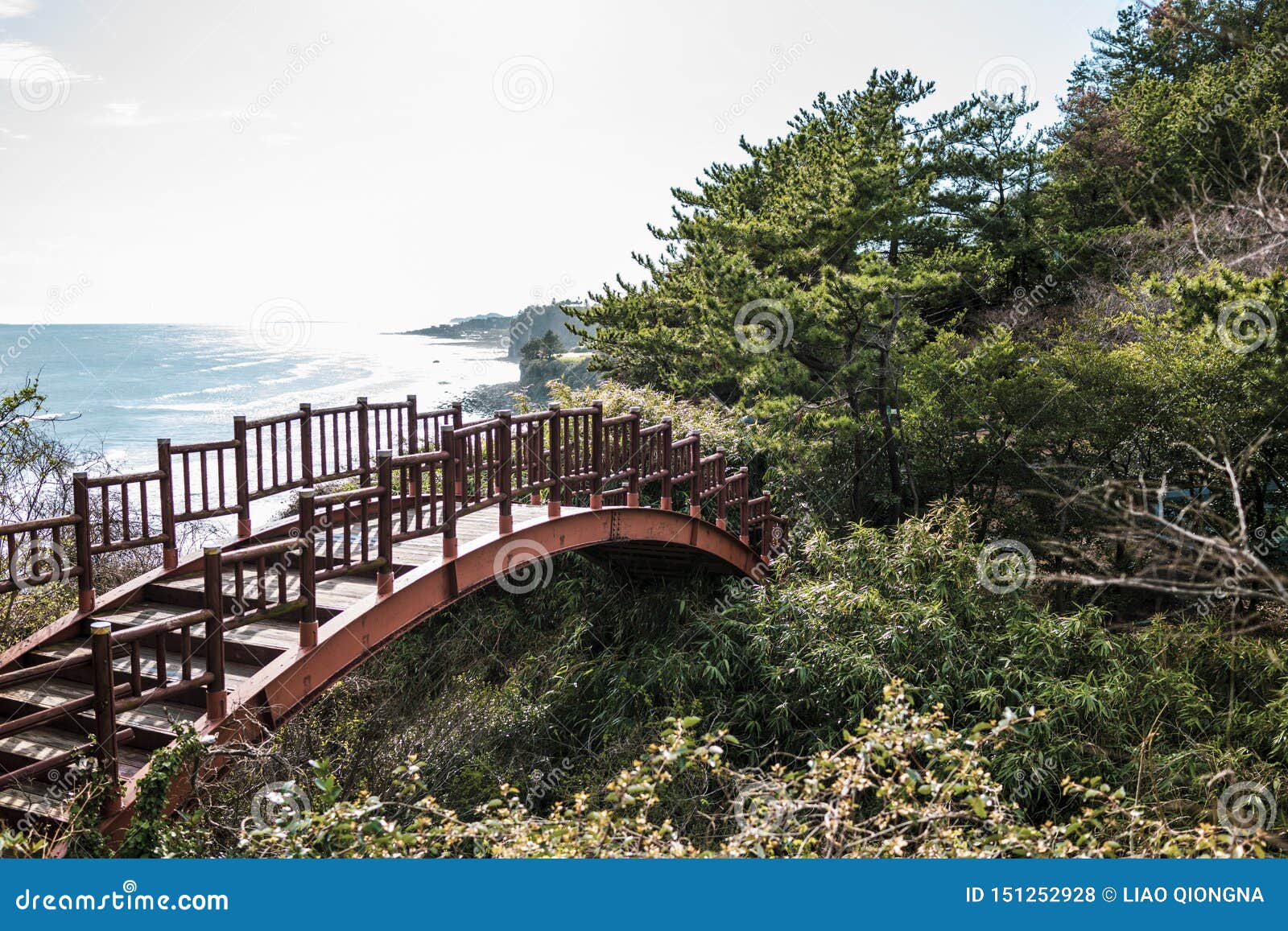 The Wooden Arch Bridge Face the Ocean with Plants on the Both Side ...