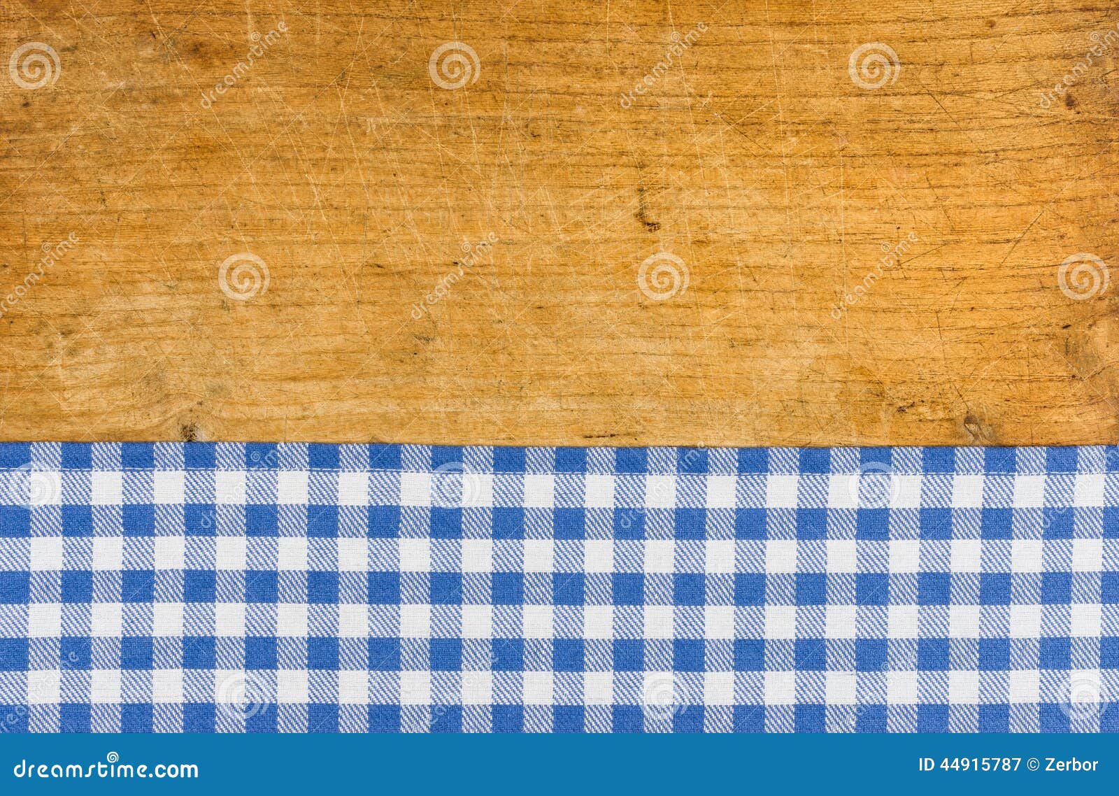 Wooden Background with a Blue Checkered Tablecloth Stock Image - Image ...