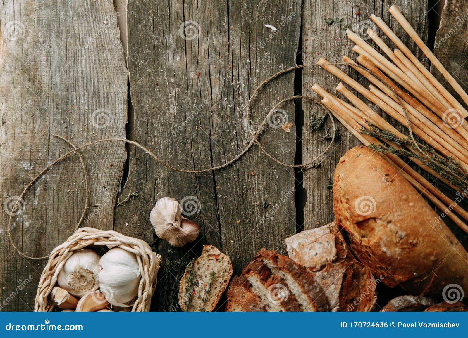 Wooden Background with Bread. Empty Space for Signatures Stock Photo ...
