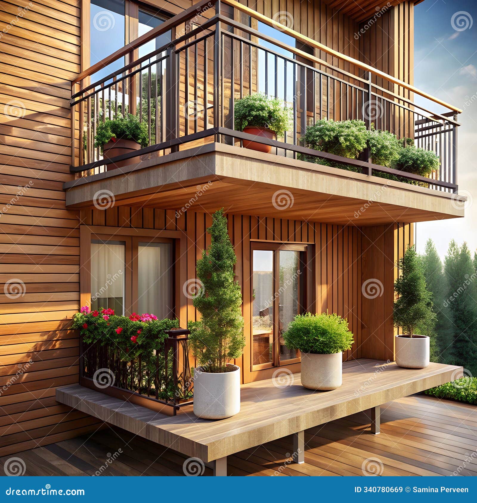 A Wooden Balcony Design that Blends Elegance Stock Illustration ...