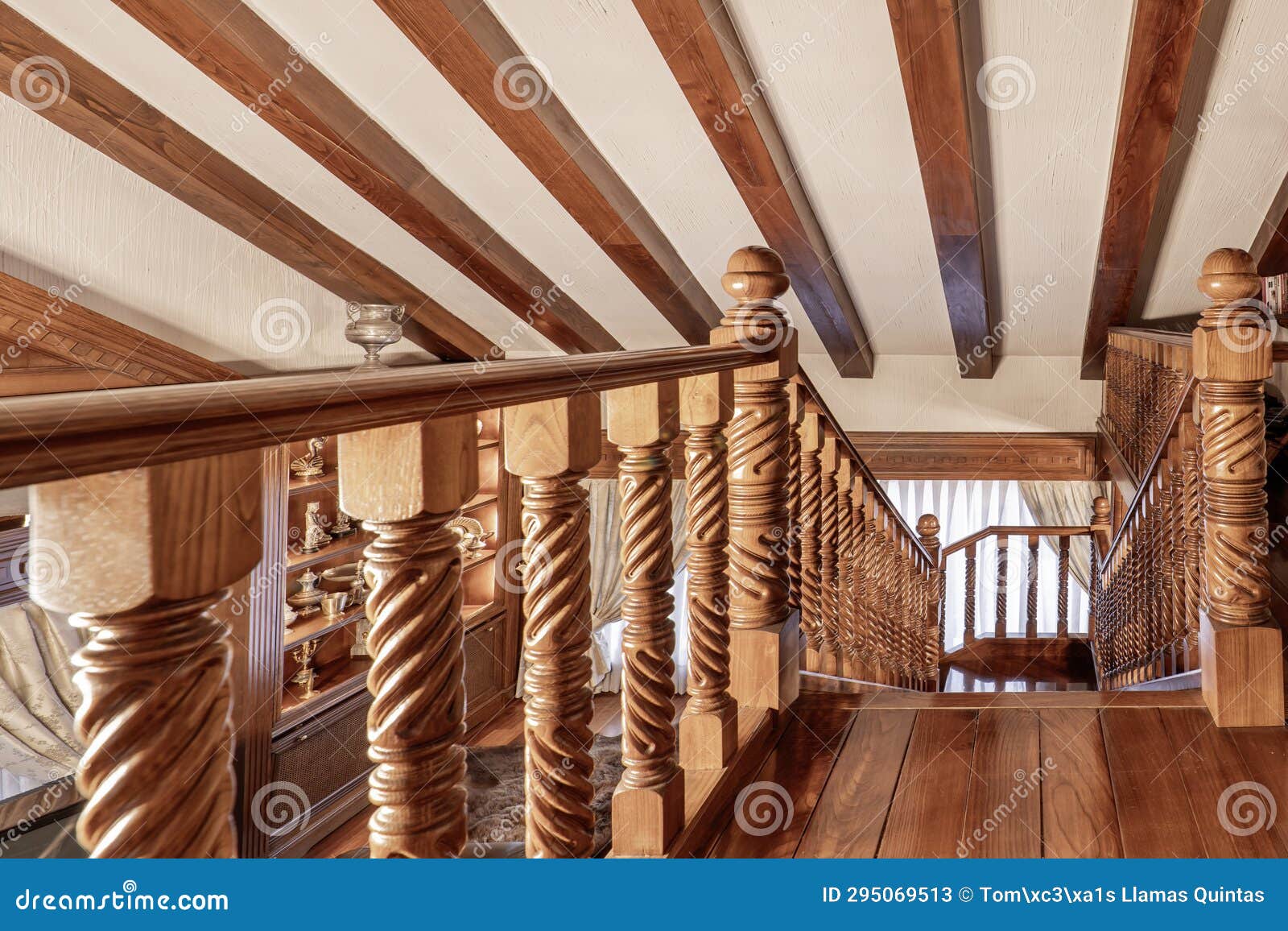 Wooden Balustrade with Railing on an All-wooden Staircase in a Private ...