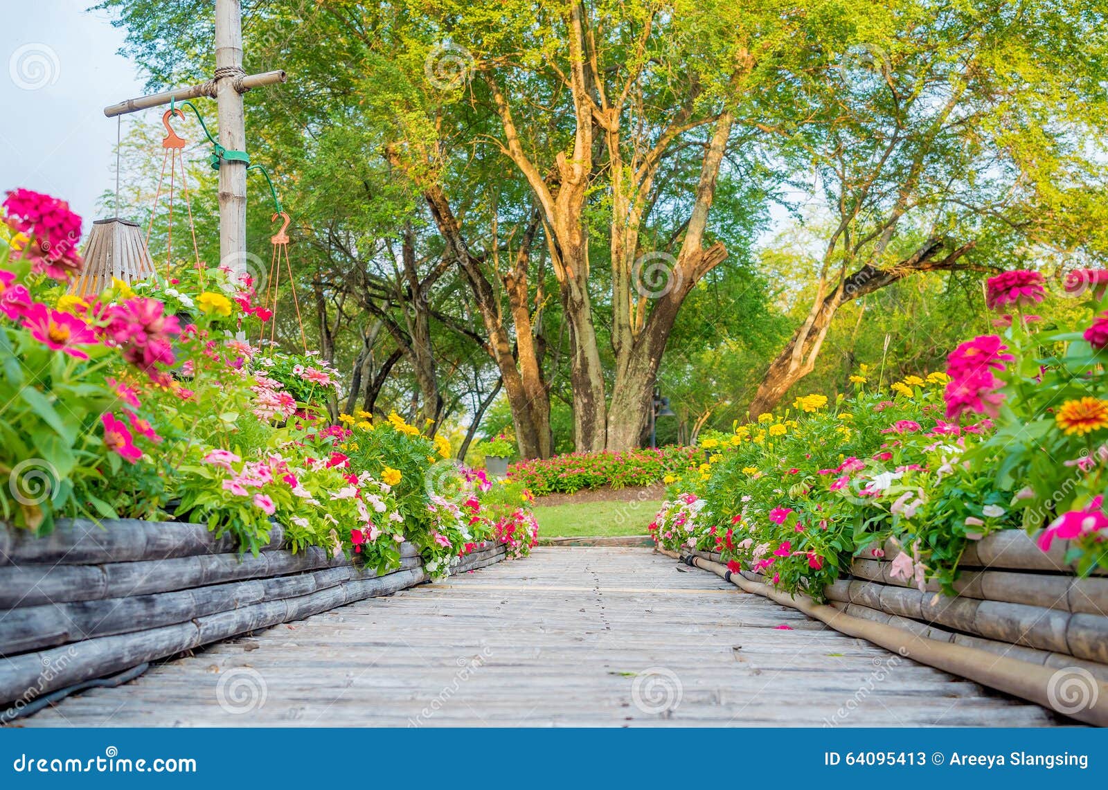 Wooden Bamboo Path Way with Beautiful Flowers Stock Image - Image of ...