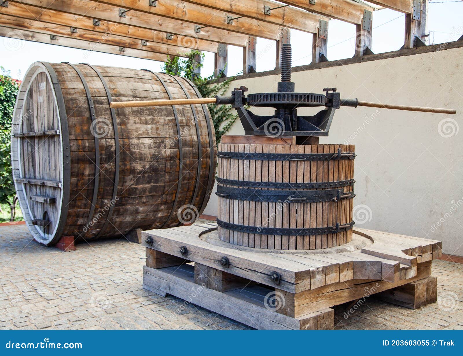 Old Wooden Barrel and Press for Making Wine. Stock Image - Image of ...