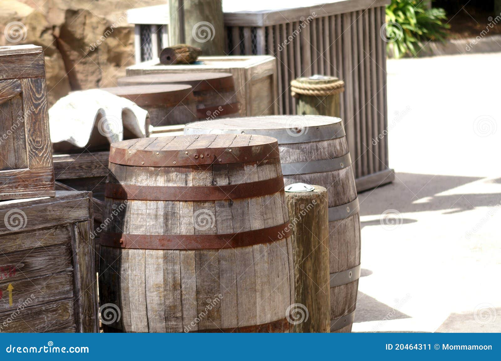 Wooden Barrels and Boxes on Shipping Dock Stock Image - Image of ...