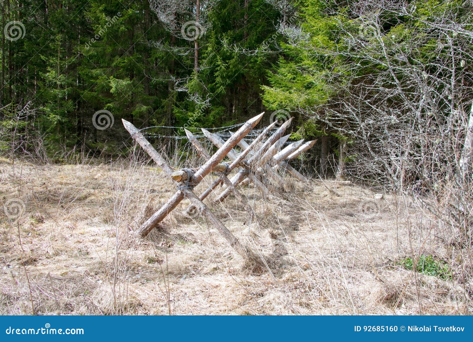 Wooden Barricade with a Barbed Wire Stock Photo - Image of conflict ...