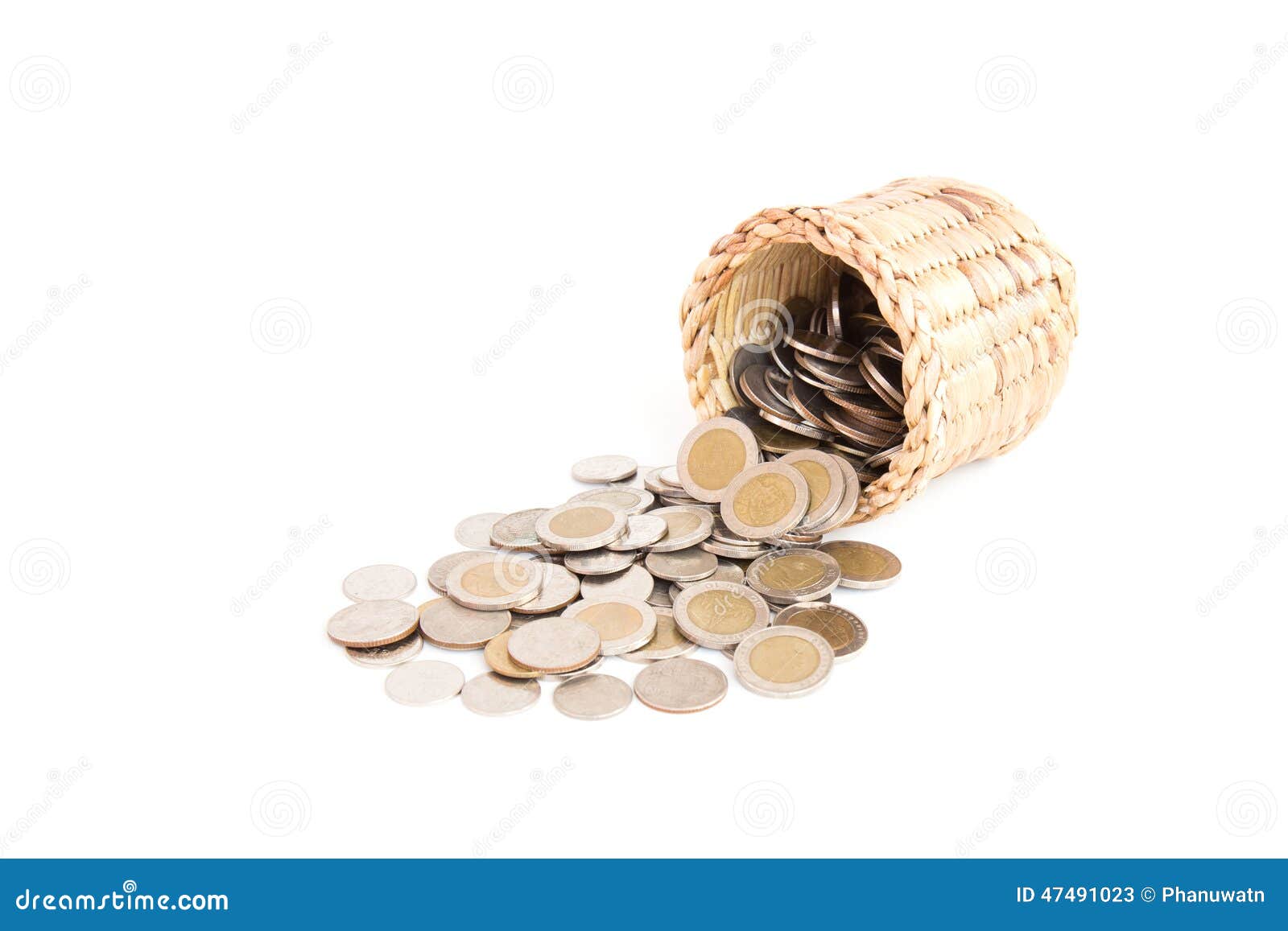Wooden Basket Handmade and Stack of Coin Isolated on White Stock Image ...