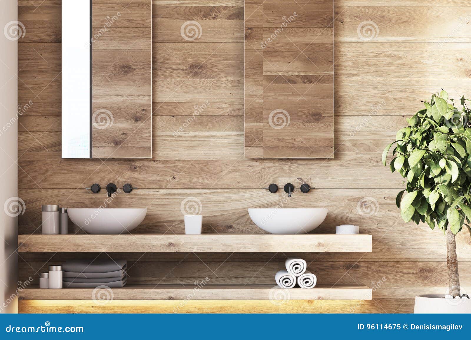 Wooden Bathroom Interior, Sinks, Tree Stock Illustration - Illustration ...