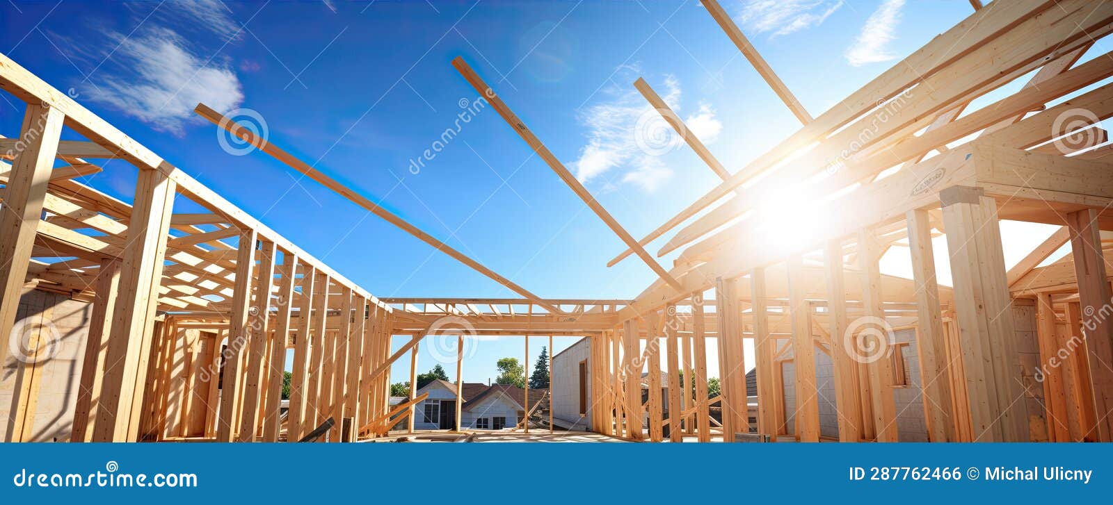 Wooden Beams Frame Construction. New House Wood Work Construct Begining Stock Photo - Image of ...