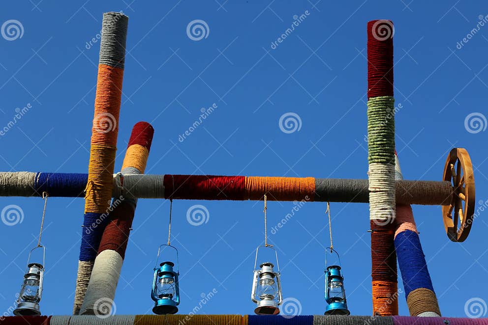 Wooden Beams Wrapped with Colored String Stock Image - Image of ...