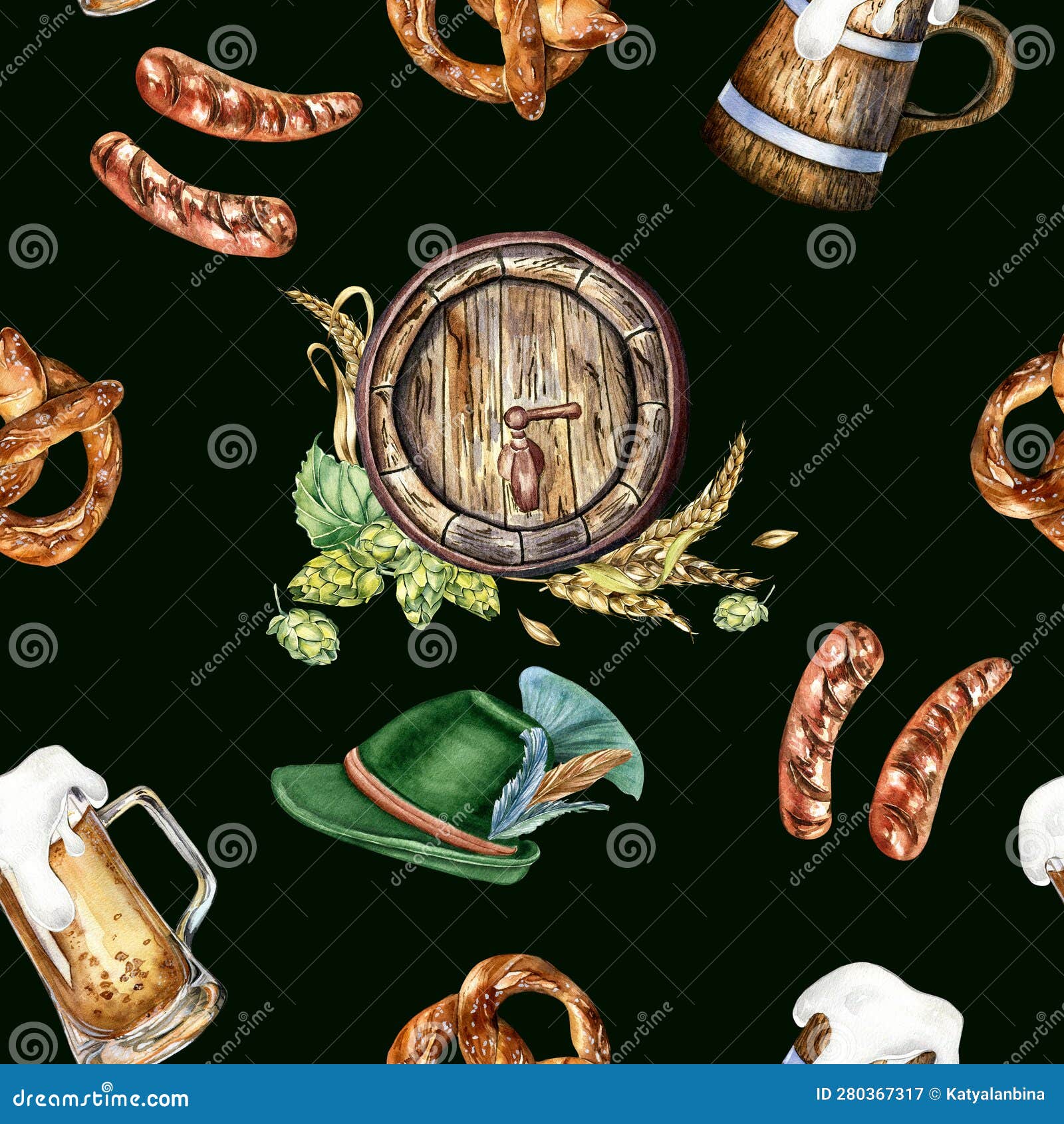 Wooden Beer Barrel And Mug German Hat Watercolor Seamless Pattern
