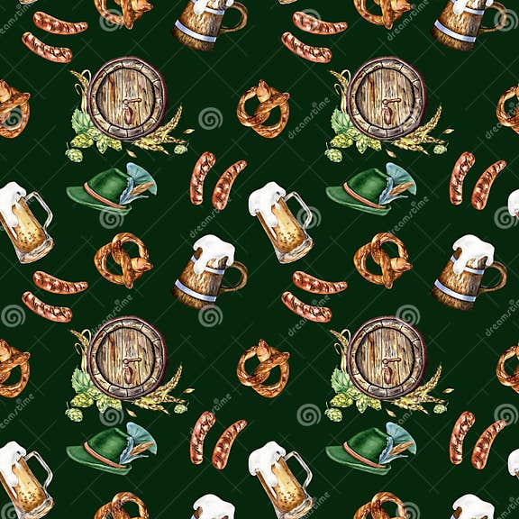 Wooden Beer Barrel And Mug German Hat Watercolor Seamless Pattern