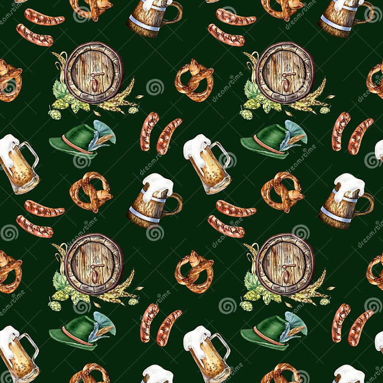 Wooden Beer Barrel And Mug German Hat Watercolor Seamless Pattern