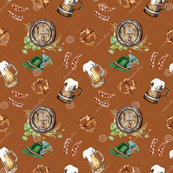 Wooden Beer Barrel And Mug German Hat Watercolor Seamless Pattern
