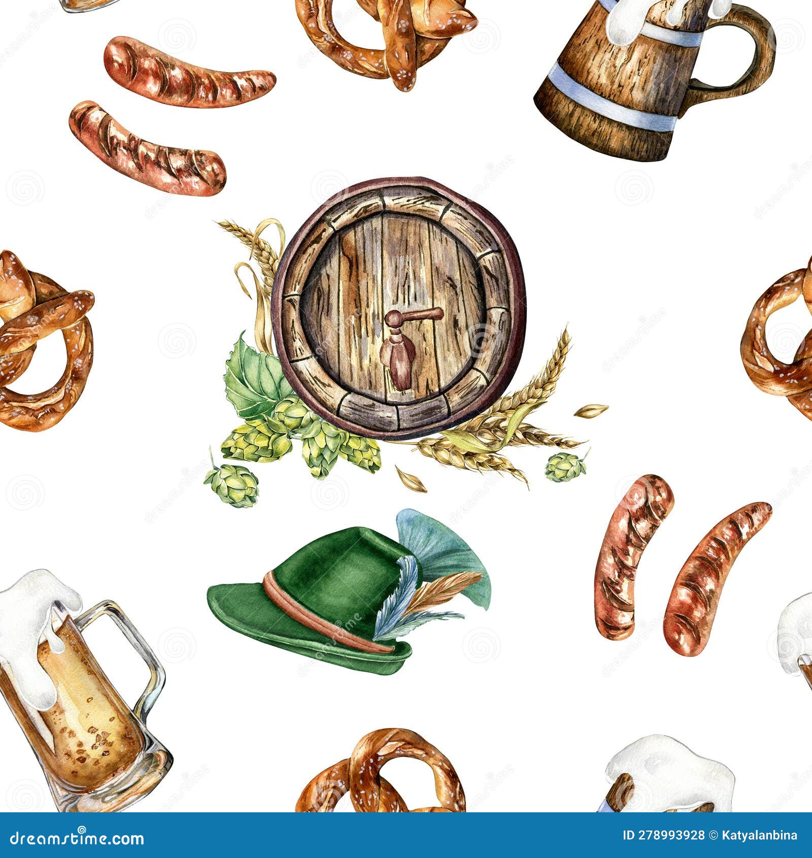 Wooden Beer Barrel And Mug German Hat Watercolor Seamless Pattern