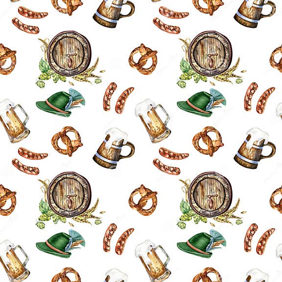 Wooden Beer Barrel And Mug German Hat Watercolor Seamless Pattern