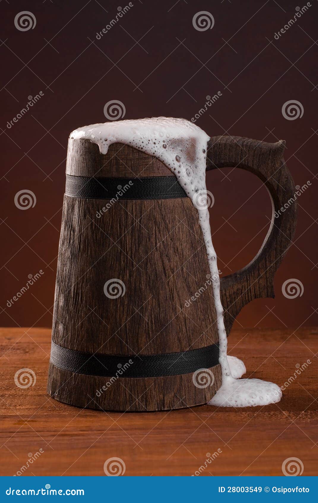 Wooden Beer Mug with Foam on a Dark Red Background Stock Image - Image ...