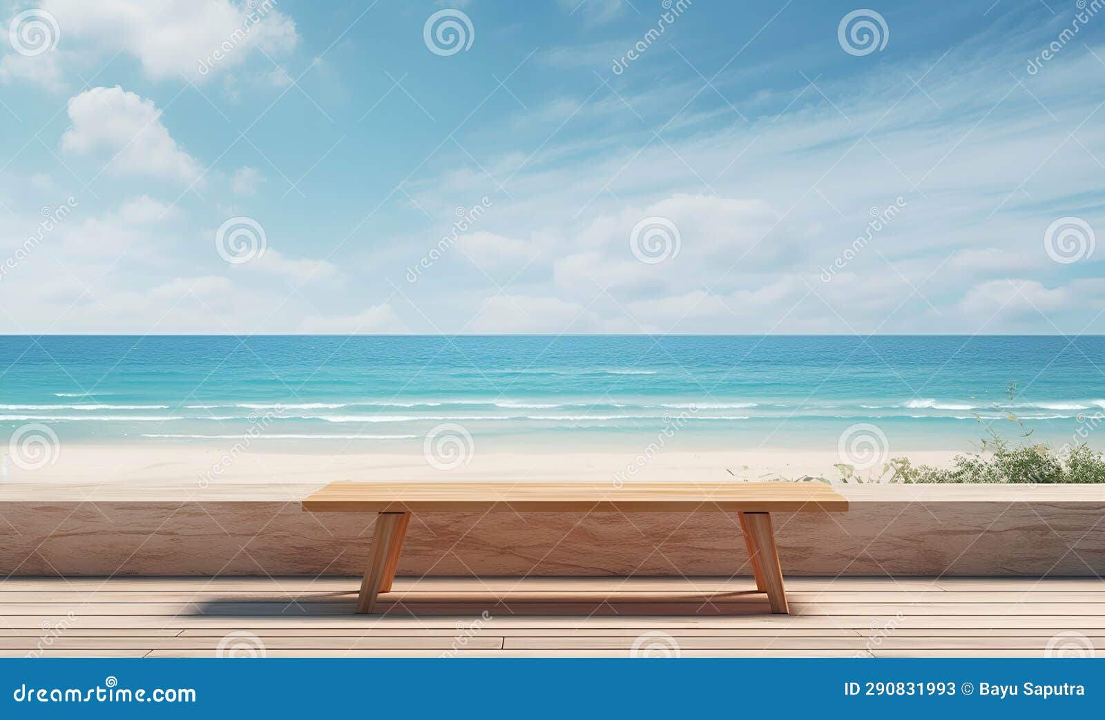 Wooden Bench on the Beach Copy Space, Ai Generative Stock Illustration ...