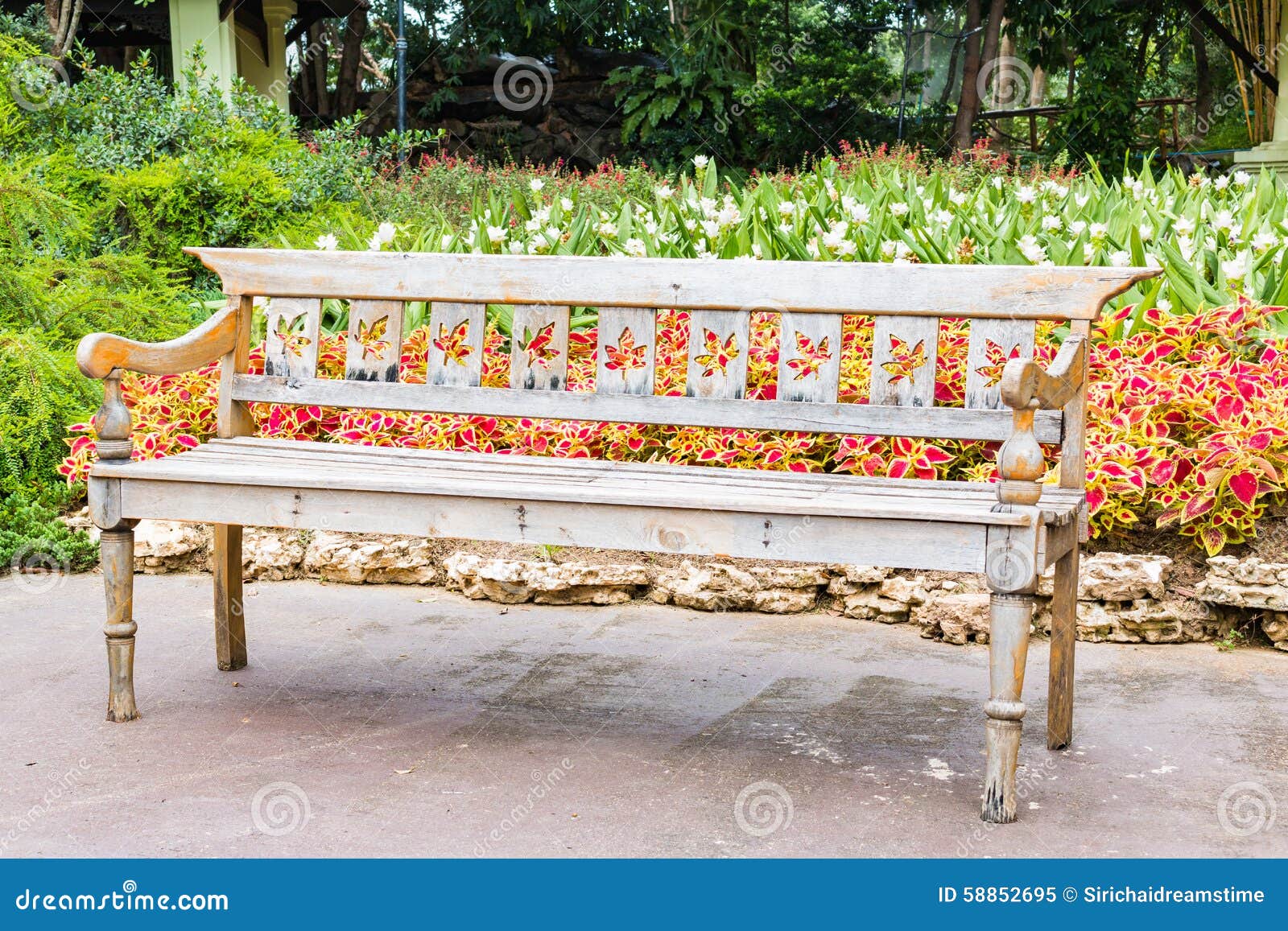 Wooden Bench in Beautiful Garden Background Stock Image - Image of ...