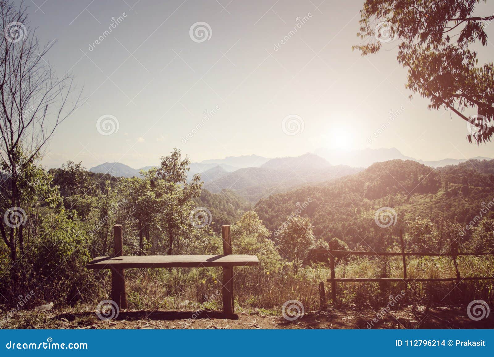 Wooden Bench with Beautiful Mountain View Stock Photo - Image of ...