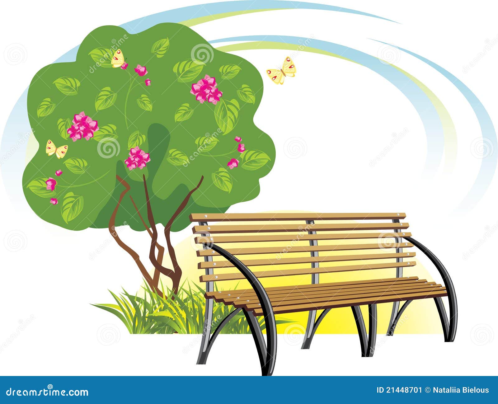 Wooden Bench and Flowering Tree. Spring Concept Stock Vector ...