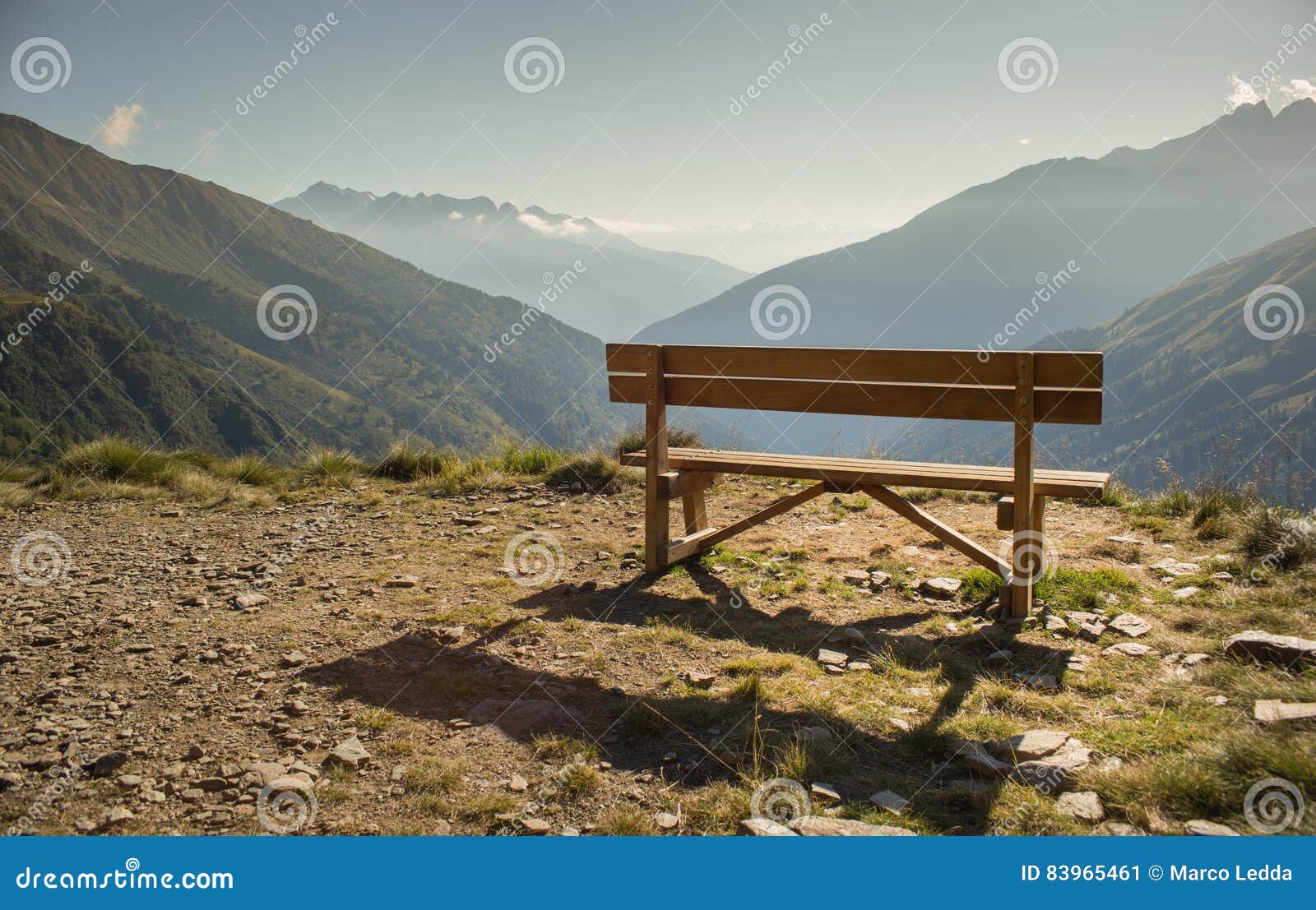 Wooden Bench in Front of Amazing View on Valley and Mountains P Stock ...