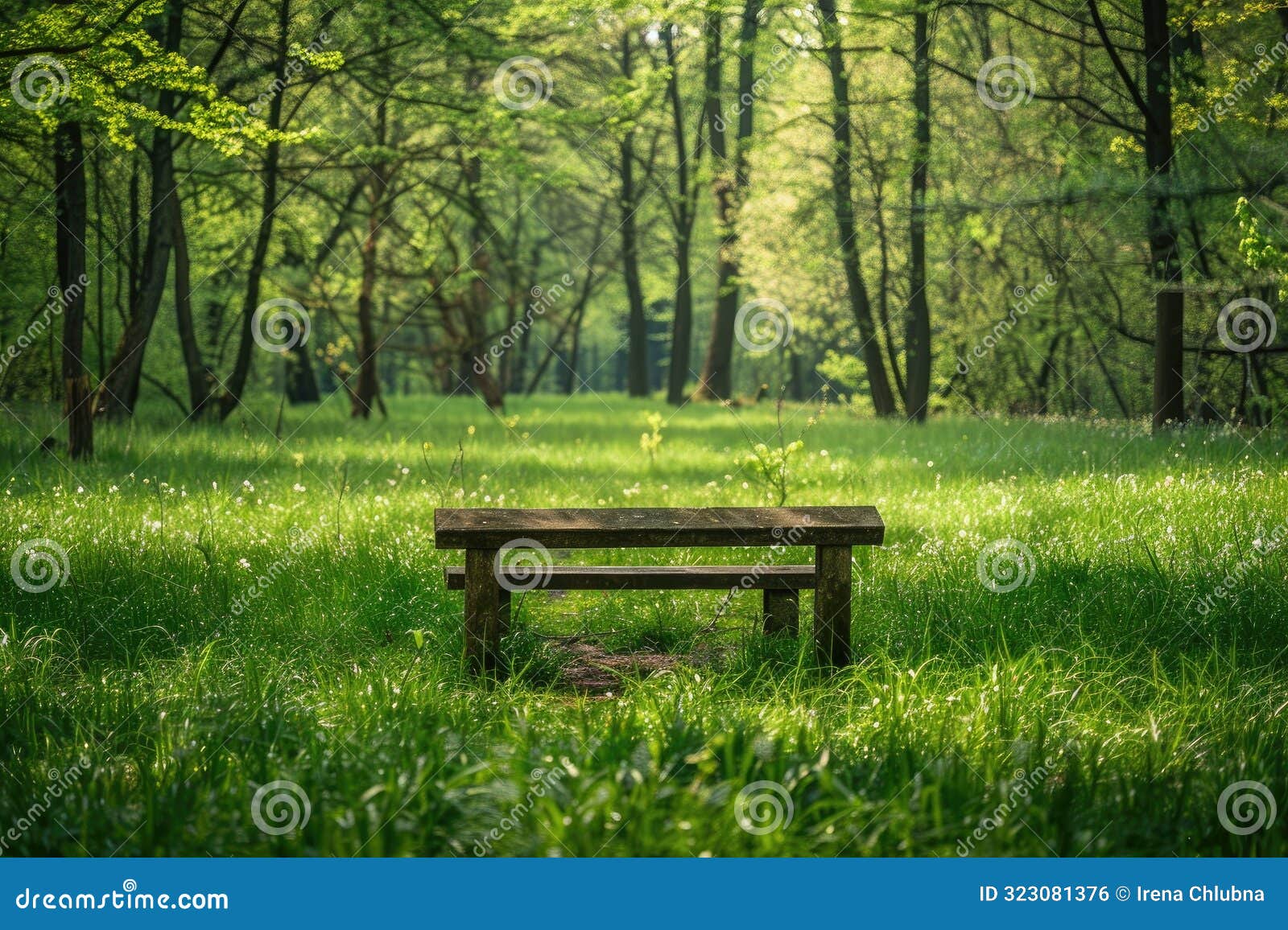 Wooden Bench in Lush Green Forest Clearing Stock Illustration ...