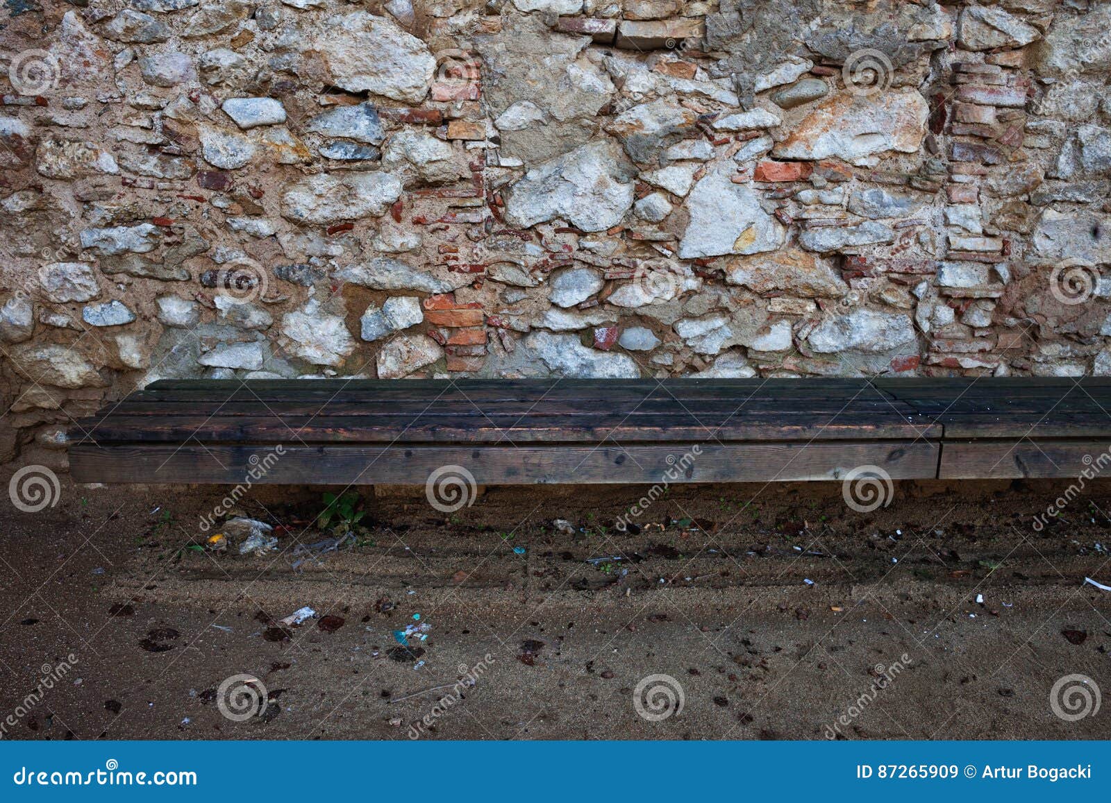 Wooden Bench at Medieval Stone Wall Stock Image - Image of structure ...