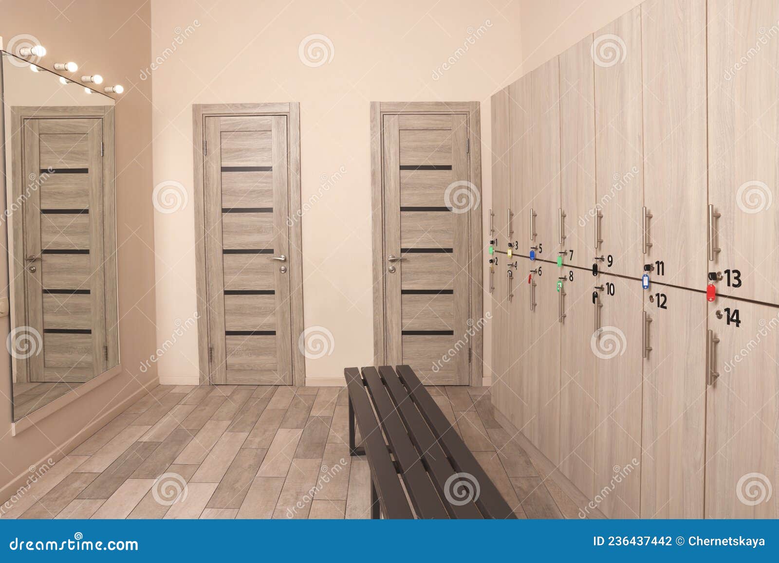 Wooden Bench, Mirror and Lockers in Changing Room Interior Stock Photo ...