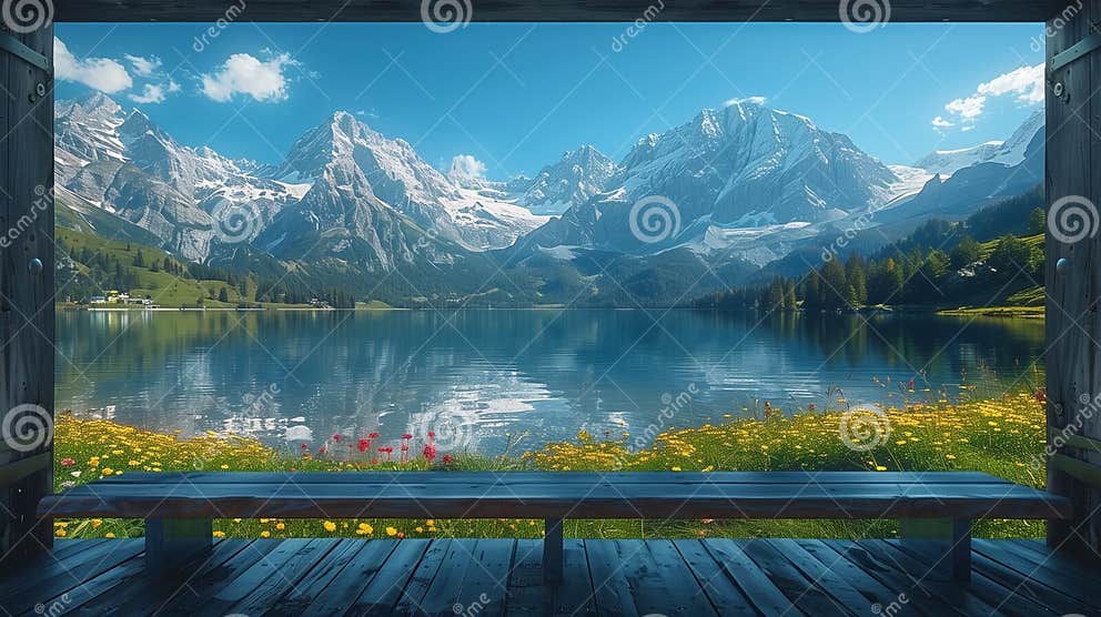 Wooden Bench with Mountain View from Inside an Open Window Structure ...