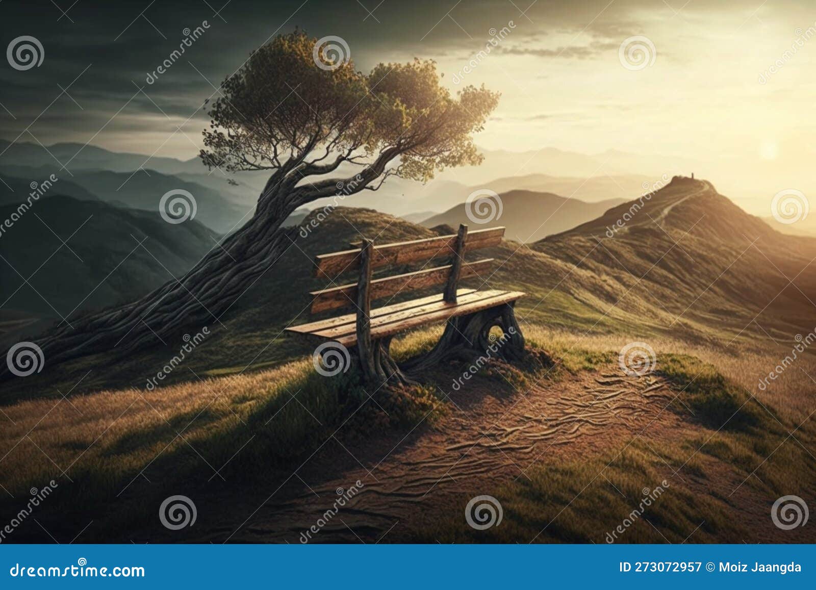 Wooden Bench Sitting on Top of a Hill Stock Illustration - Illustration ...