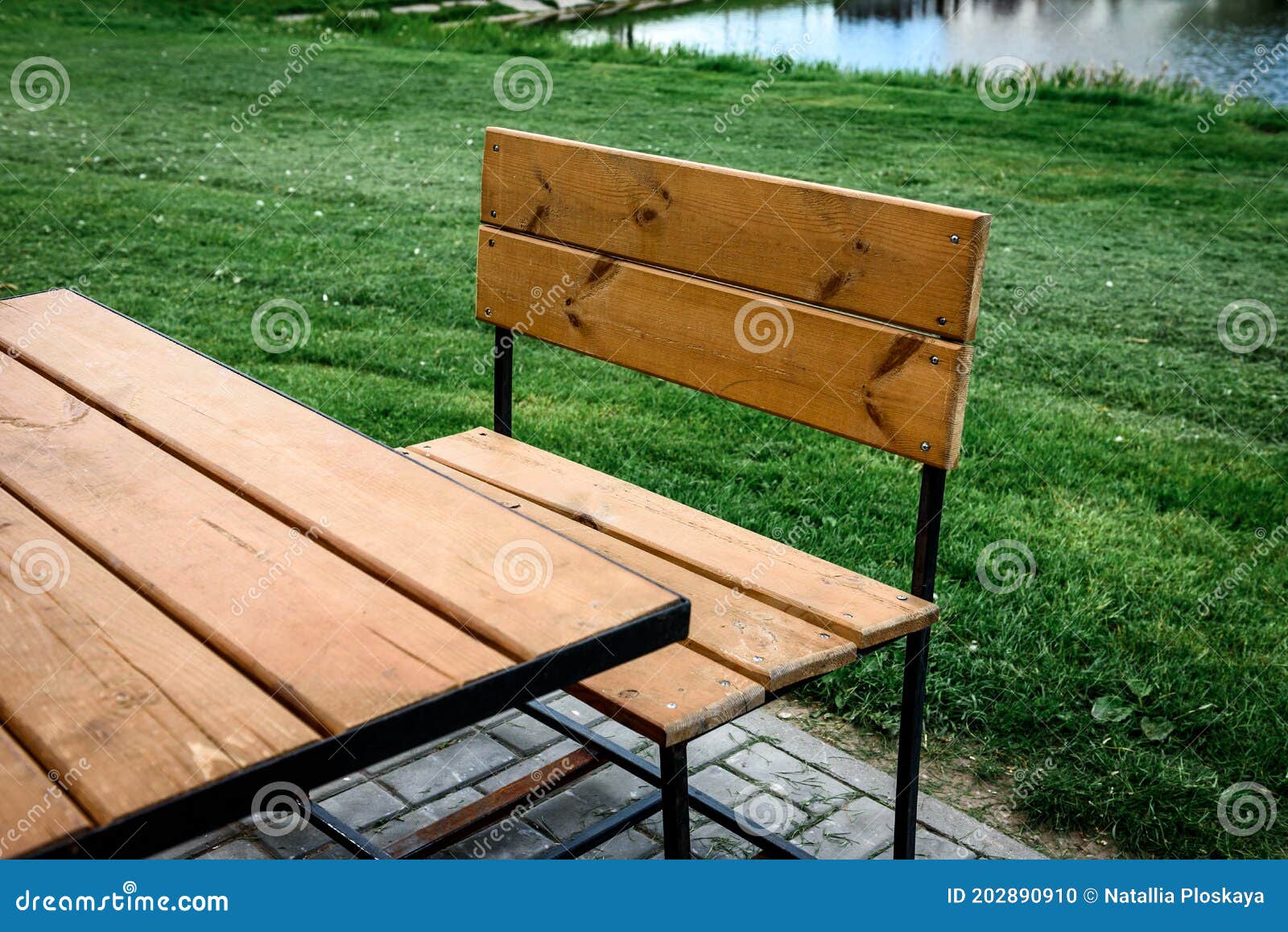 Wooden Bench and Table in Public Park Stock Photo - Image of leisure ...